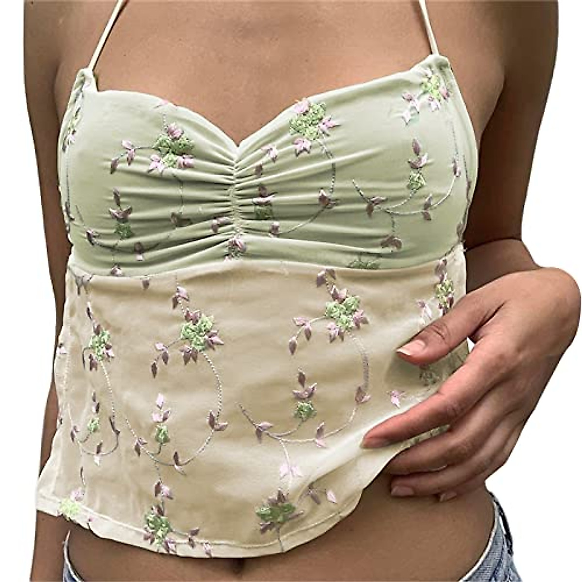 Women Y2K Cami Tank Top Spaghetti Strap V Neck Camisoles Summer Cute Sleeveless Crop Top Streetwear(E-Green Floral cami,S)