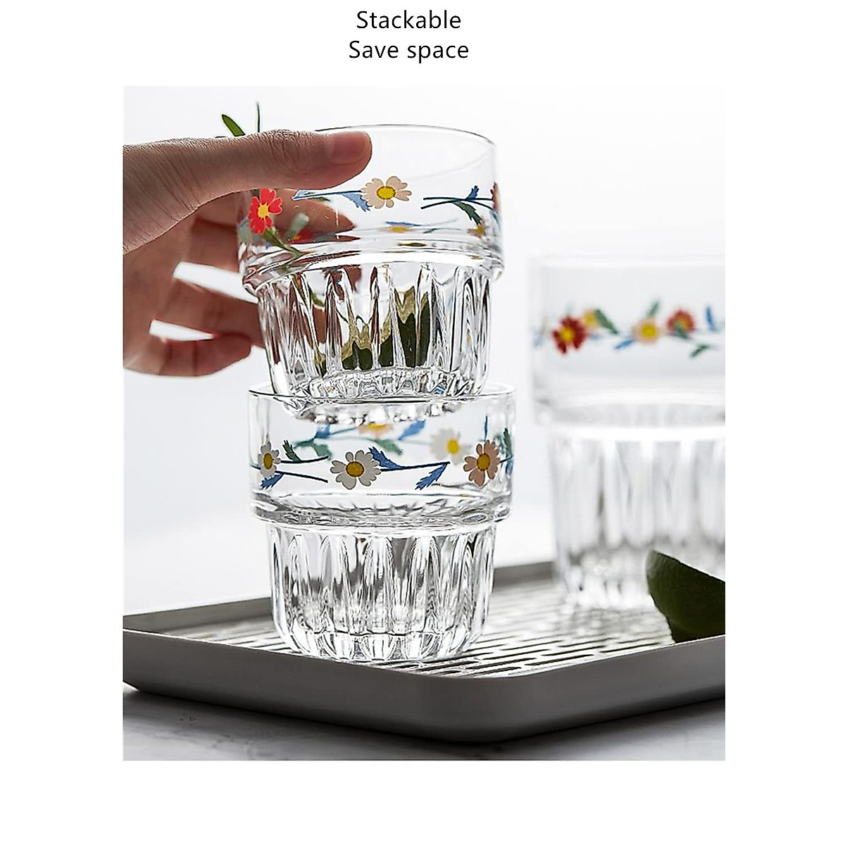 yaocoral Set of 2 Daisy Glass Coffee Cup Cute Drinking Glasses Stackable Daisy Glass Cups for Juice,Iced Coffee,Milk,Tea,Dessert,Flower Glassware Drinkware Set(blue)