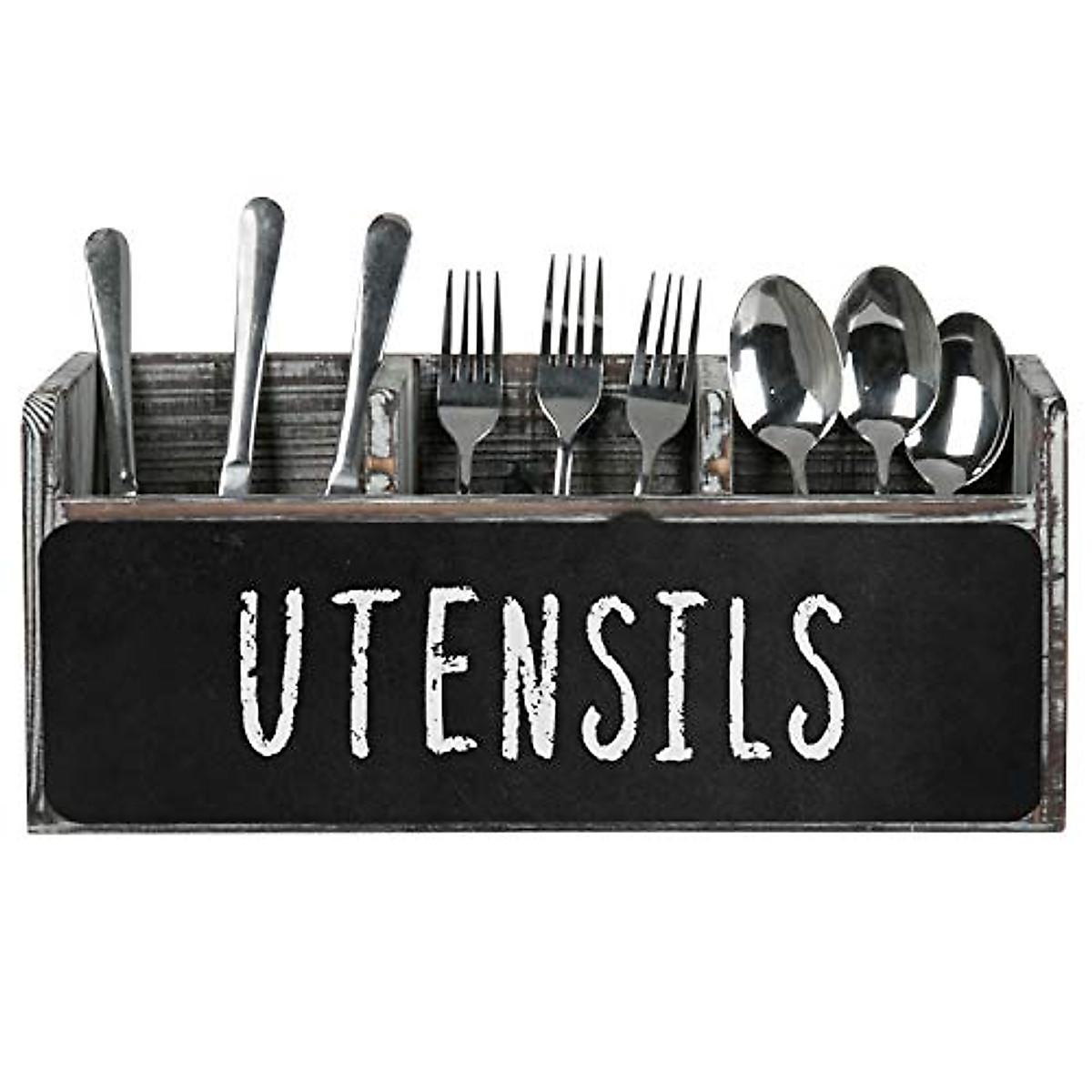 MyGift Torched Wood Kitchen Flatware Holder with 3 Divided Compartments and Front Chalkboard Panel, Countertop Utensil Holder Silverware Caddy