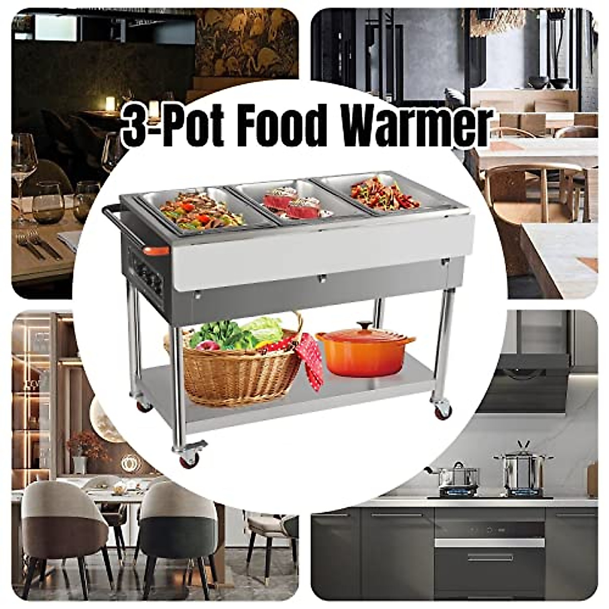 Commercial Restaurant Food Warmer, Stainless Steel Free-Standing Food Warmer Cart 3-Pot Steamer Table Electric Food Warmer 32-212F for Catering 44Inch