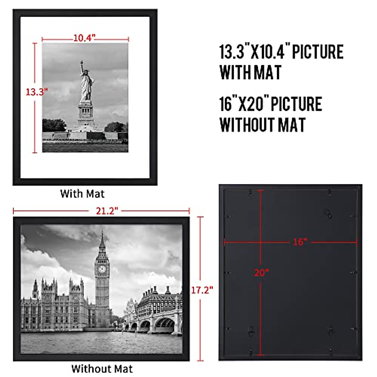 Fun Memories 16x20 Picture Frame Black Wood Poster Frame with Polished Plexiglass, Display Pictures 11x14 with Mat or 16x20 without Mat, Horizontal and Vertical Formats for Wall and Tabletop, 1 Pack