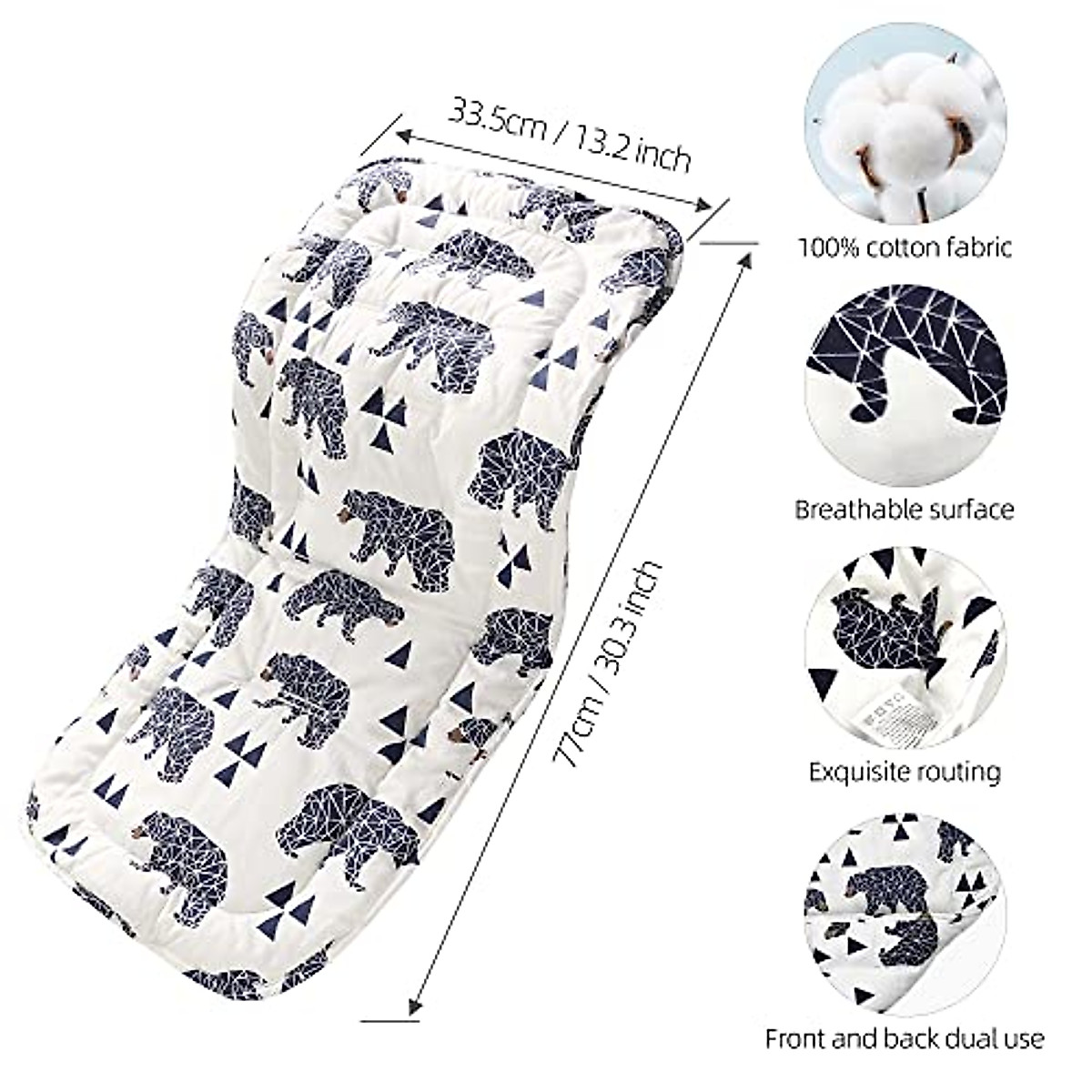 Baby Carriage Cushion, Universal Breathable Stroller Mat, Stroller Cushion for Strollers 100% Cotton, 34x78cm 1 Pack (Black Bear)