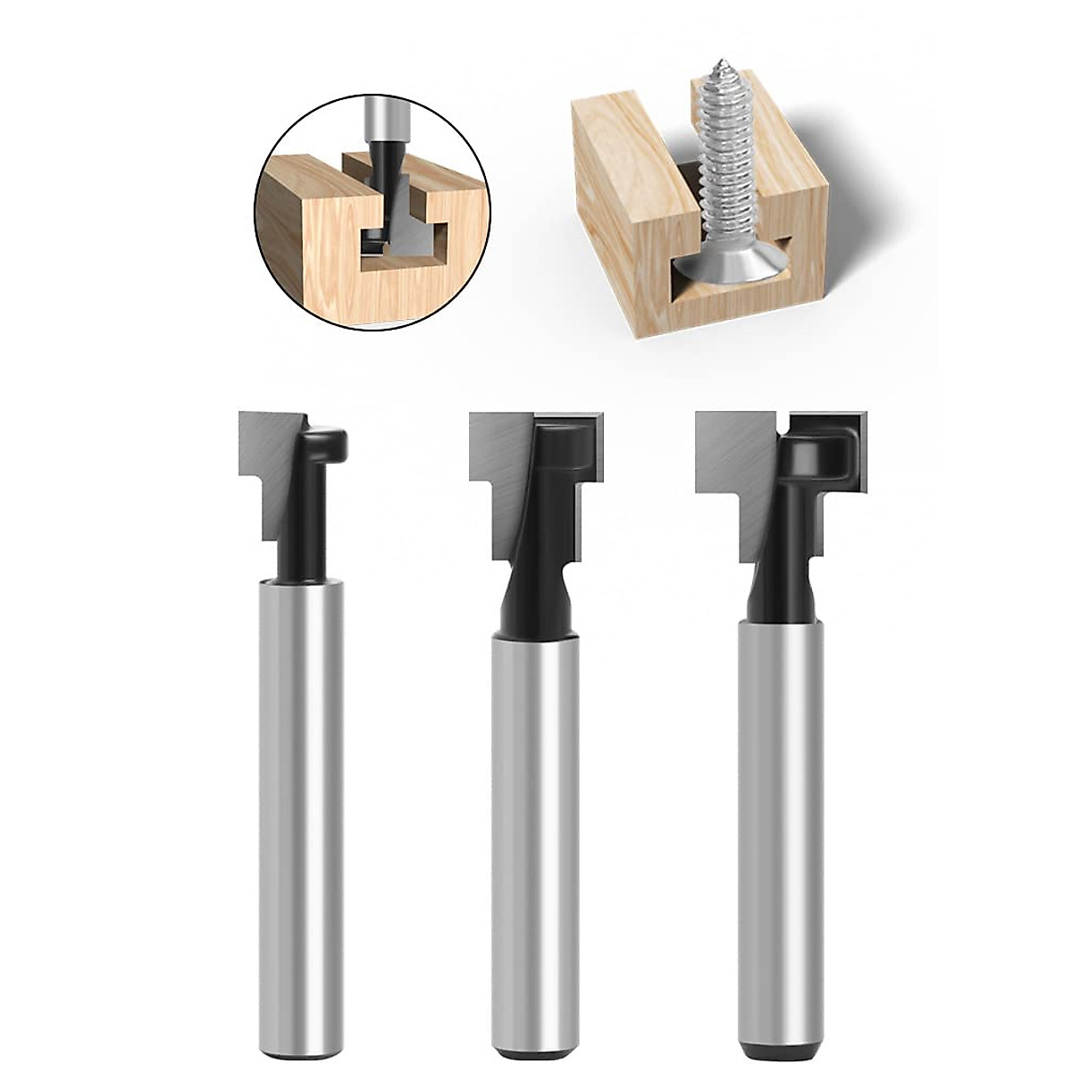Keyhole Router Bits Set, T-Slot Bolts Keyhole bit, T Track Router bit, for Wood T-Track Slotting Wood Router Tool, (1/4 in Shank, 5/16 3/8 1/2 Inch Blade Diameter, 3Pcs)