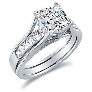 Size 7 - Solid 925 Sterling Silver Bridal Set Princess Cut Solitaire Engagement Ring with Matching Channel Set Wedding Band CZ Cubic Zirconia 2.0ct. With Elegant Velvet Ring Box
