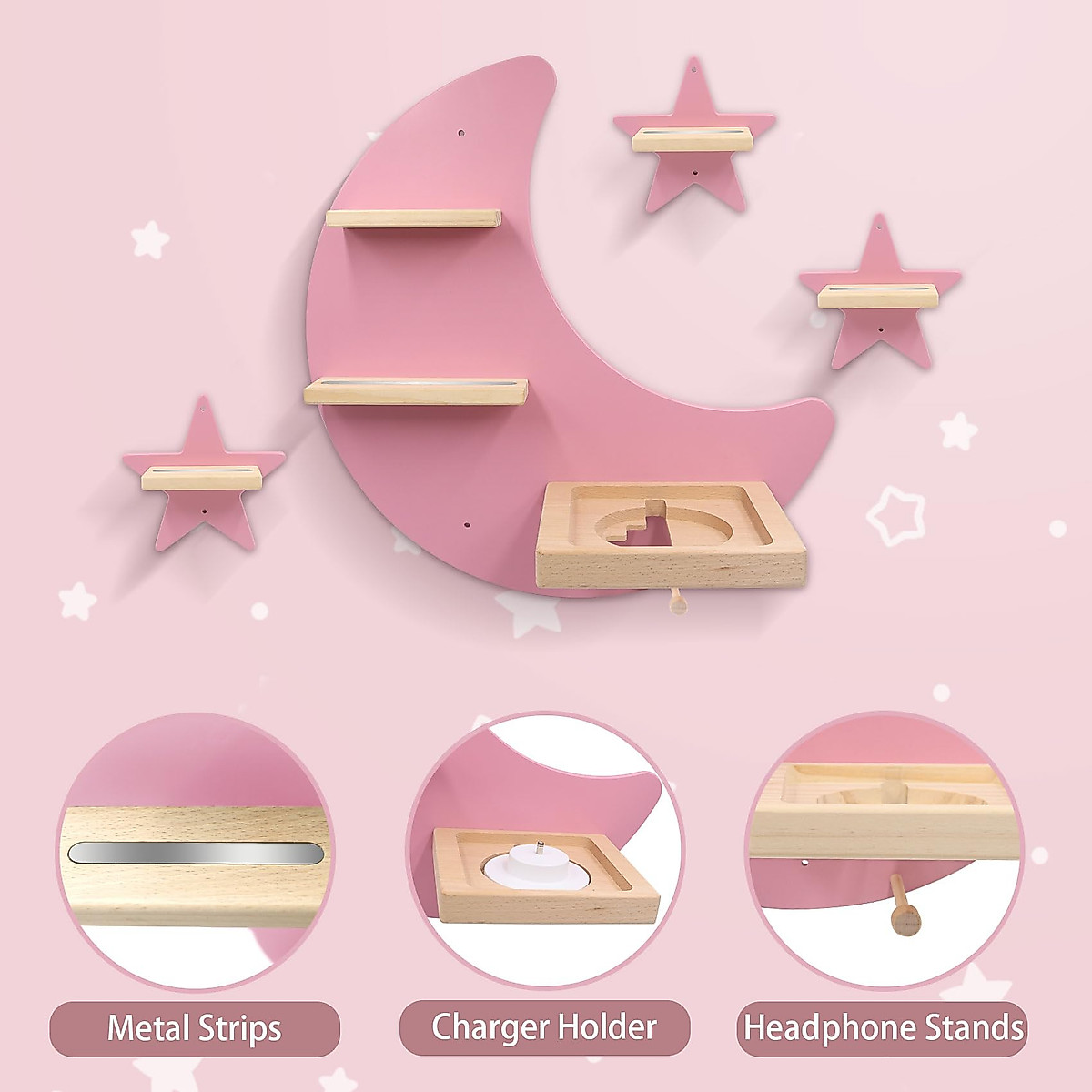 for Toniebox Starter Tonie Shelf Wall Mounted Set of 4 (Moon and 3 Stars),Tonies Figures Tonies Storage,Magnetic Wooden Floating Shelves Compatible with Tonie box Player Character for Children Room