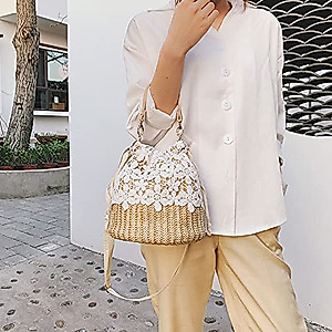 Rong Shop Women Cross Body Bohemian Straw Bag Straw Drawstring Bucket Straw Bag Flower Lace Decor Handwoven Rattan Bag, Flower