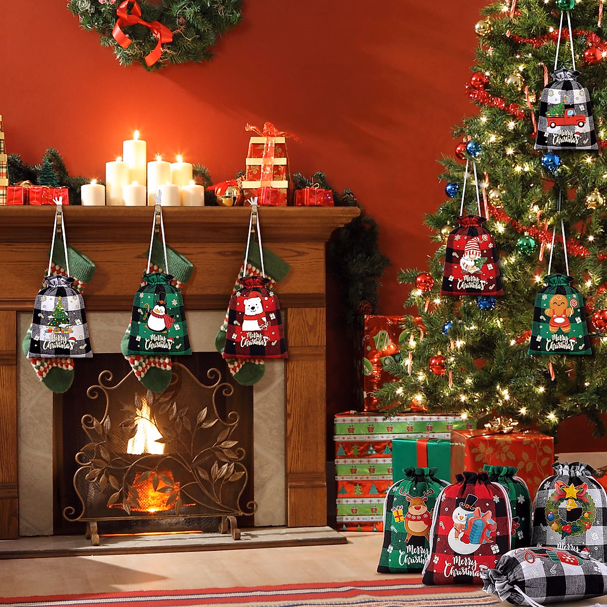 72Pcs Burlap Christmas Drawstring Bags Buffalo Plaid Xmas Gift Bags Burlap Xmas Candy Bags Small Christmas Linen Treat Bags Goody Gift Bags Sacks Reusable Gift Wrapping Bags Holiday Party Favors Bags