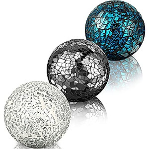3 Pieces Decorative Balls Mosaic Glass Sphere Centerpiece Orb Glass Vase Balls Vases Dining Table Decorations (Silver, Turquoise, Black)