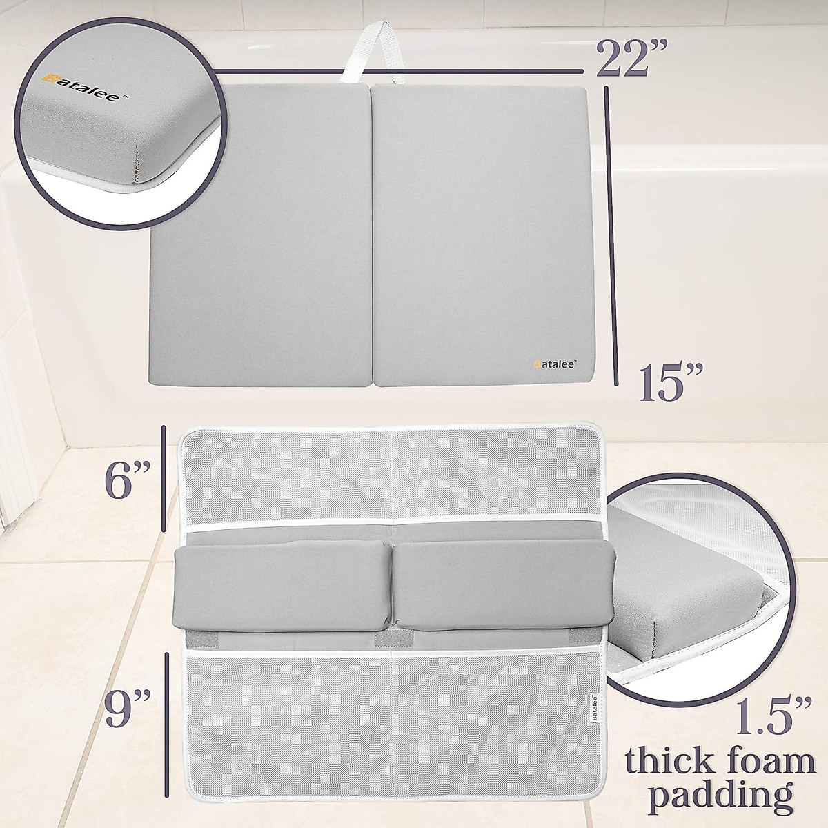 BATALEE Foam Baby Bath Kneeler and Elbow Rest Pad Set - Non-Slip Painless Thick Kneeling Pad - Bath Toy Organizer - X-Large Gray