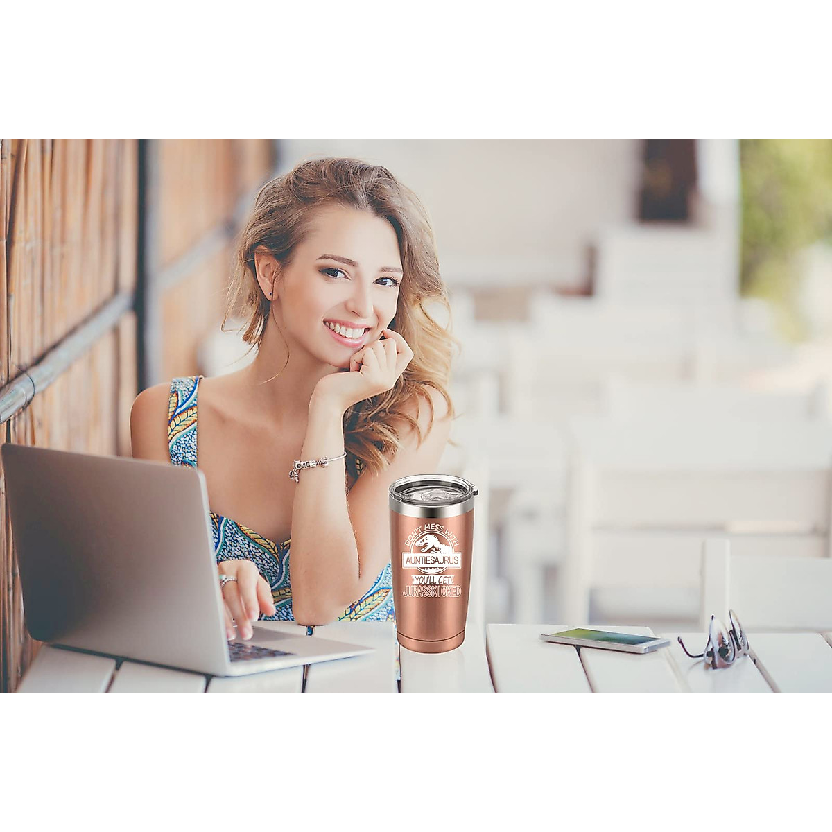 Auntiesaurus Tumbler Don't Mess with Auntiesaurus You'll Get Jurasskicked Travel Tumbler Birthday Mothers Day Gifts for Auntie Aunt from Nephew Niece Auntie Gifts with 2 Lids and Straws 20OZ Rose Gold