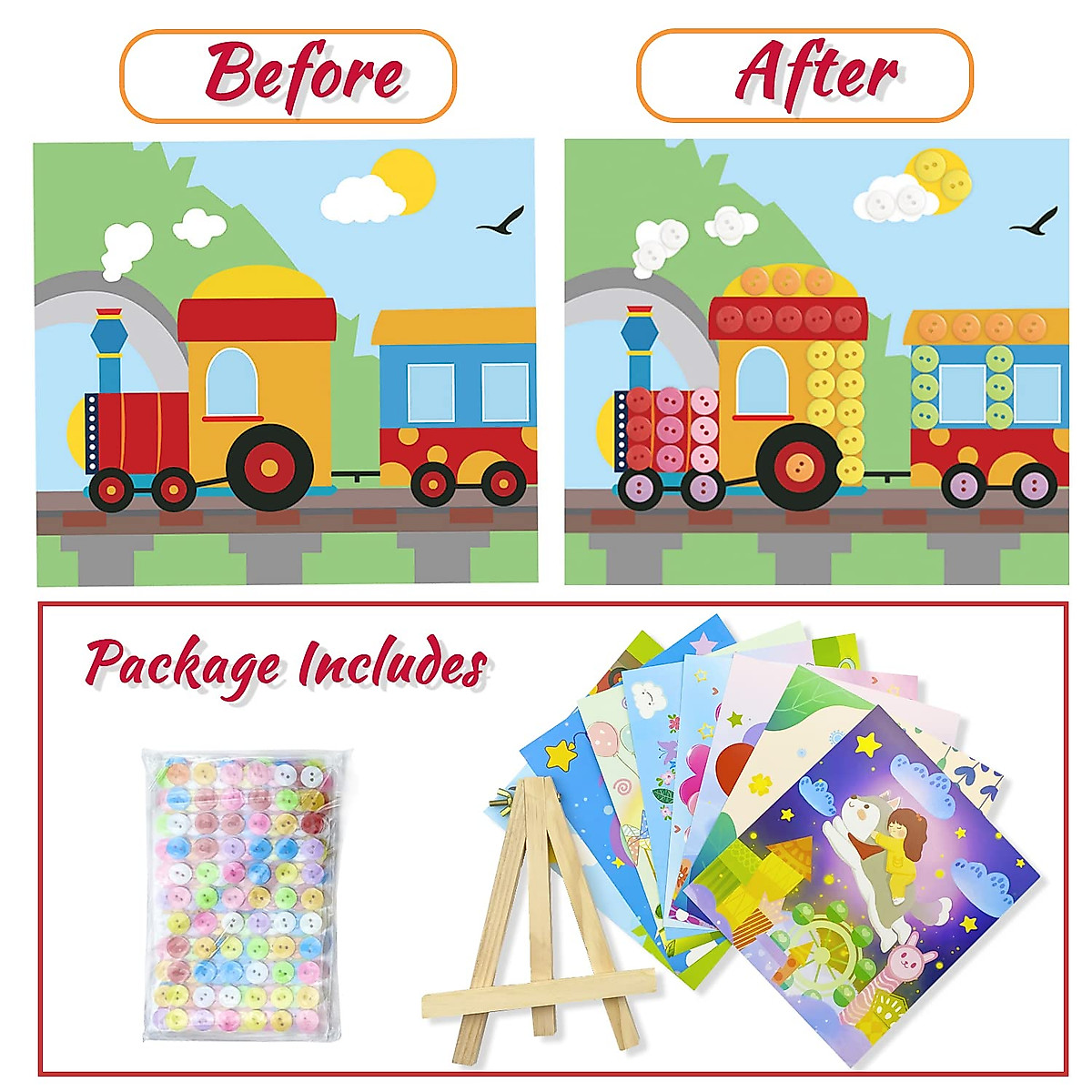 Mosaic Sticker Art Kit for Kids, Colorful Sticky Buttons DIY Handmade Art Kits,Make Your Buttons Art Crafts，for Ages 3-6 Children, Beginner, Boys and Girls-with 1wood Display Easel （8pcs）