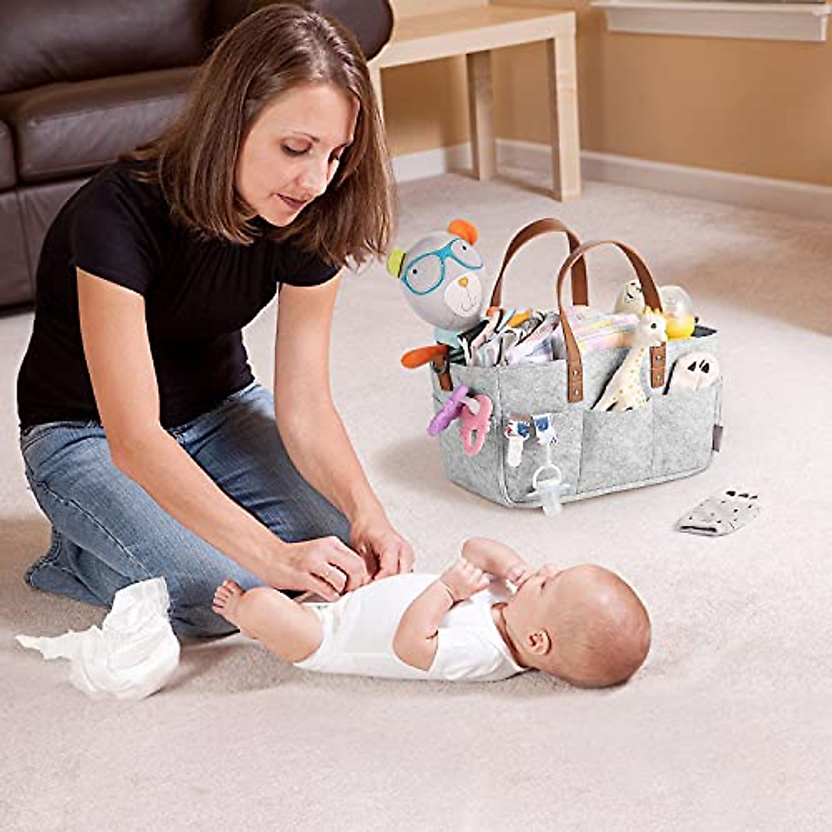 Baby Diaper Caddy Organizer - Baby Shower Basket Portable Nursery Storage Bin Car Storage Basket for Toys (Light gray)