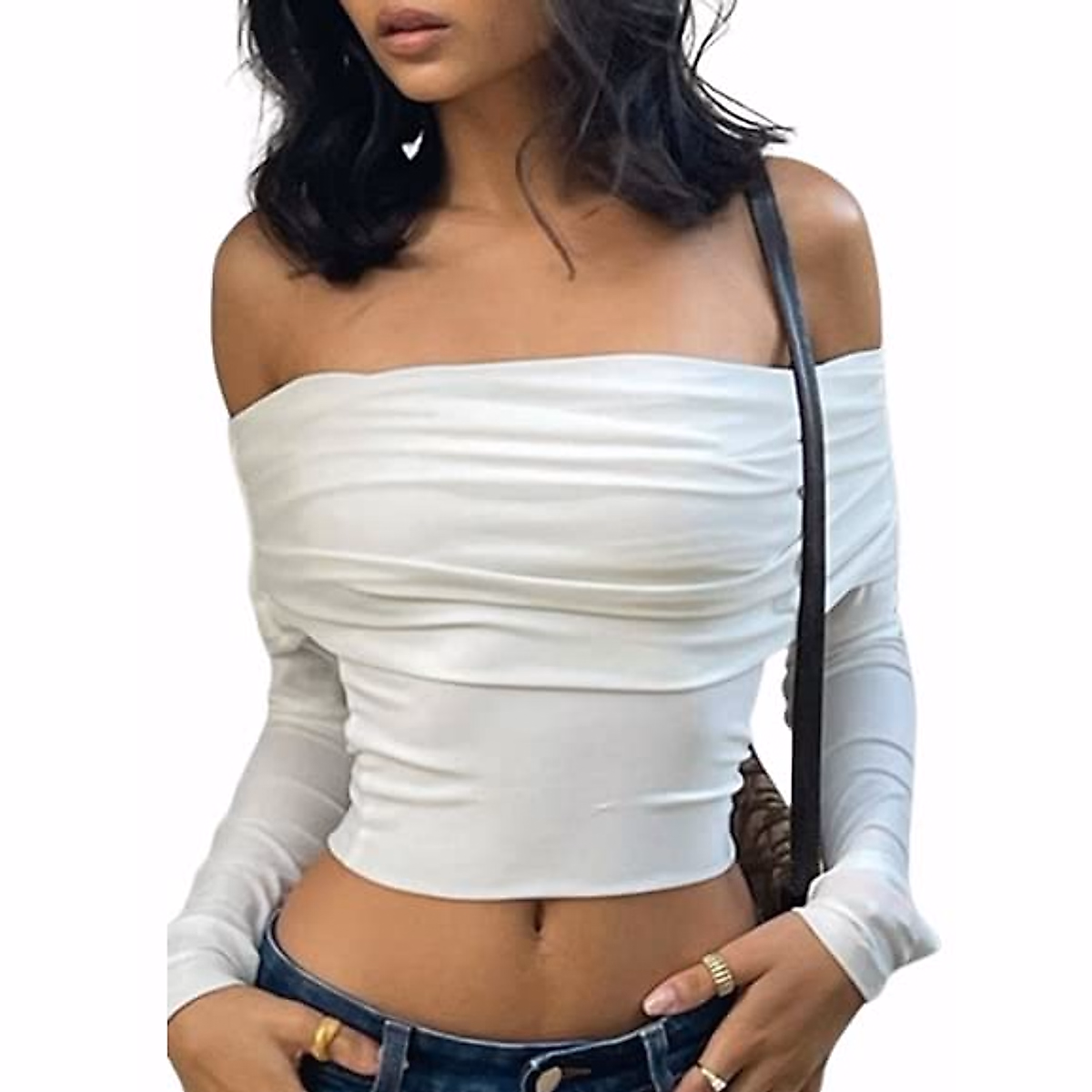EMMIOL Summer Tops for Women Y2k Sexy Off Shoulder T-Shirt Long Sleeve Bodycon Cropped Tee Tops 2000s Aesthetic Streetwear