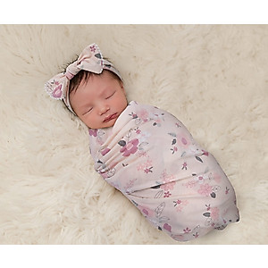 Wendy Bellissimo Super Soft Swaddle Receiving Blanket (35x40) with Hat or Headband for Baby Boy or Baby Girl (Pink Floral)
