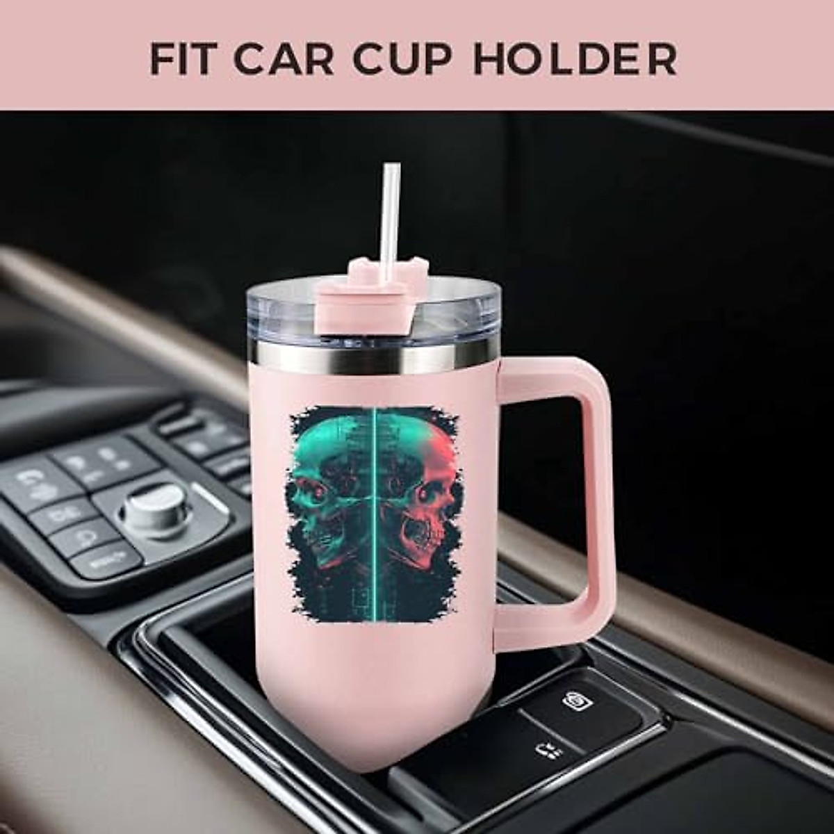 LB LEOBON 40 ounce insulated cup with handle, double-layer vacuum stainless steel material, equipped with straw, can keep warm or maintain cold drinks Neone Poppe Skeletons 2 Light pink