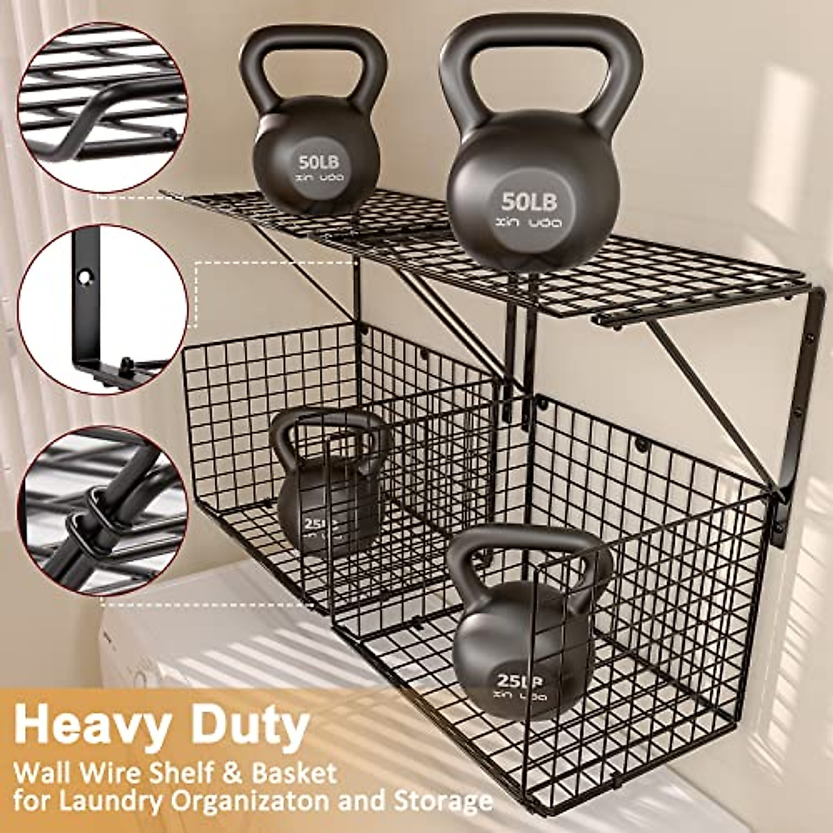 2 Pack Laundry Room Shelves Wall Mounted with Wire Baskets, Over the Washer and Dryer Shelf with Clothes Drying Rack, 8 Hooks, Wire Shelves Baskets for Laundry Closet Organization and Storage, Black