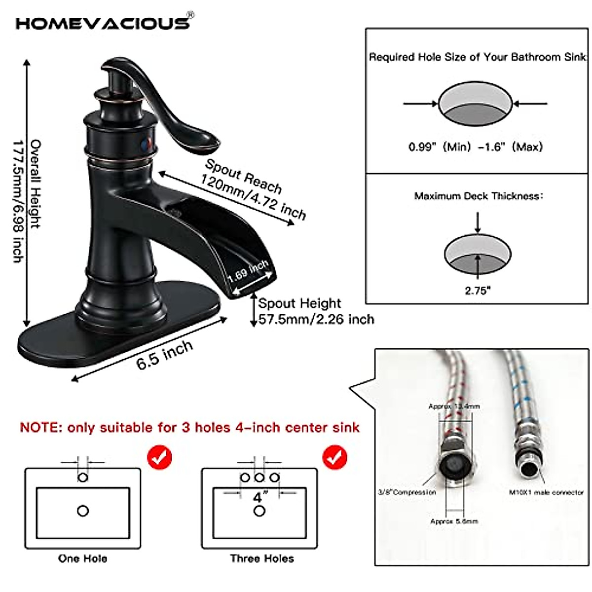 Oil Rubbed Bronze Bathroom Faucet Waterfall Sink Basin Single Handle Bath Lavatory Farmhouse Faucets Antique Black One Hole Lever Spout Mixer Tap Commercial Supply Hose Lead-Free