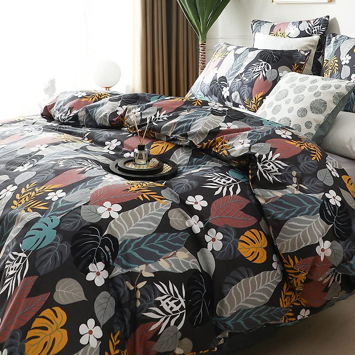 CoutureBridal Tropical Plant Duvet Cover Set King Size Multicolored Monstera Leaf Print Bedding Set with Zipper Ties 3 Pieces Soft Microfiber Aesthetic Comforter Cover Stylish Deco