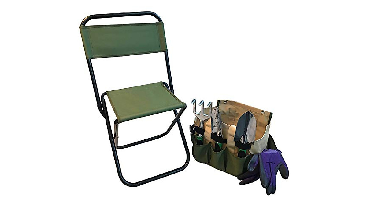 Garden Tool Set Organizer with Folding Stool & Aluminum Tools