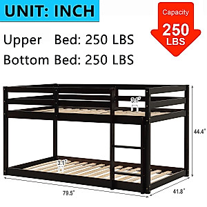 Anwick Twin Over Twin Low Bunk Bed with Stairs and Rails, Wooden Bunk Beds Frame with Safety Guardrail and Slats for Toddlers, Kids, Teens, Boys, Girls, Noise-Free (White) (Black)