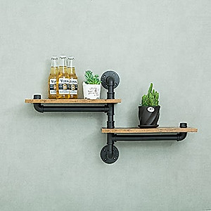 MAIKAILUN 2 Tier Industrial Shelves, Industrial Pipe Shelving, Pipe Corner Shelves with Wood Planks, Floating Shelves Wall Mounted, Retro Rustic Industrial Shelf for Bar Kitchen Living Room