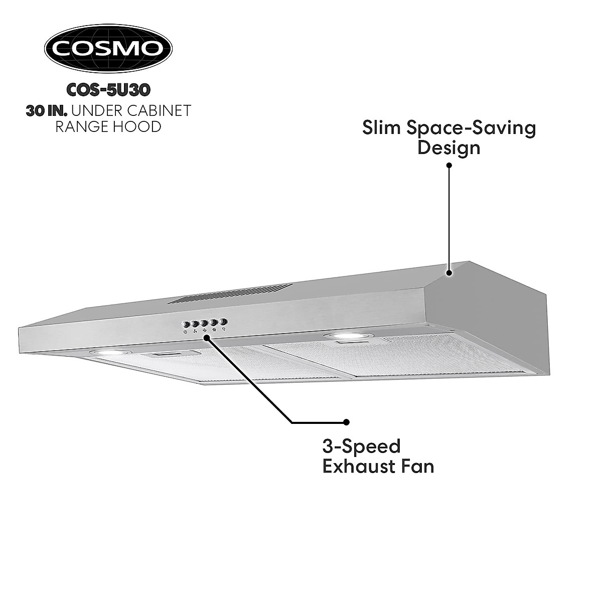 COSMO 5U30 30 in. Under Cabinet Range Hood with Ducted/Ductless Convertible (Kit Not Included), Slim Kitchen Over Stove Vent, 3 Speed Exhaust Fan, Reusable Filter, LED Lights in Stainless Steel