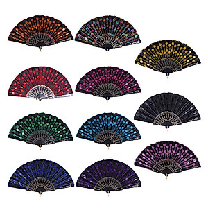 Fan Rainbow Color Christmas Dance Fan Pattern Folding Hand held Embroidered Sequin Gift Fan Hand Fan (Color : E, Fan Size : 9.5 inches)