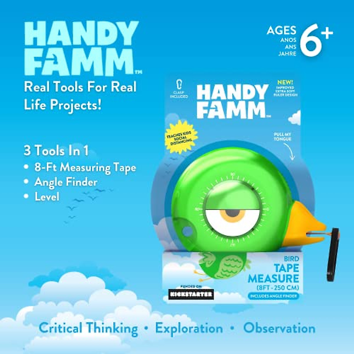 Handy Famm Kids 8 Ft Retractable Bird Measuring Tape - Level, Angle Finder, Easy Grip Latch & Durable Carrying Clasp - Cute Boys & Girls DIY STEM Learning Construction Project Measurement Tool, Green