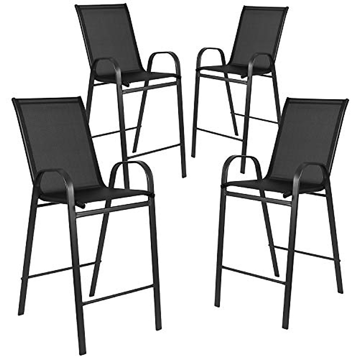 EMMA + OLIVER 4 Pack Brazos Series Black Outdoor Barstool with Flex Comfort Material and Metal Frame