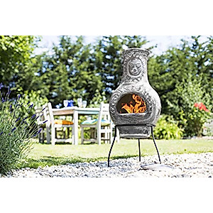Outdoor Clay Chiminea Fire Pit Overall Size 34.2 inch Tall - Patio Handcrafted Chimenea, Backyard Fireplace with Cover Lid, Rustic Ceramic Chimney