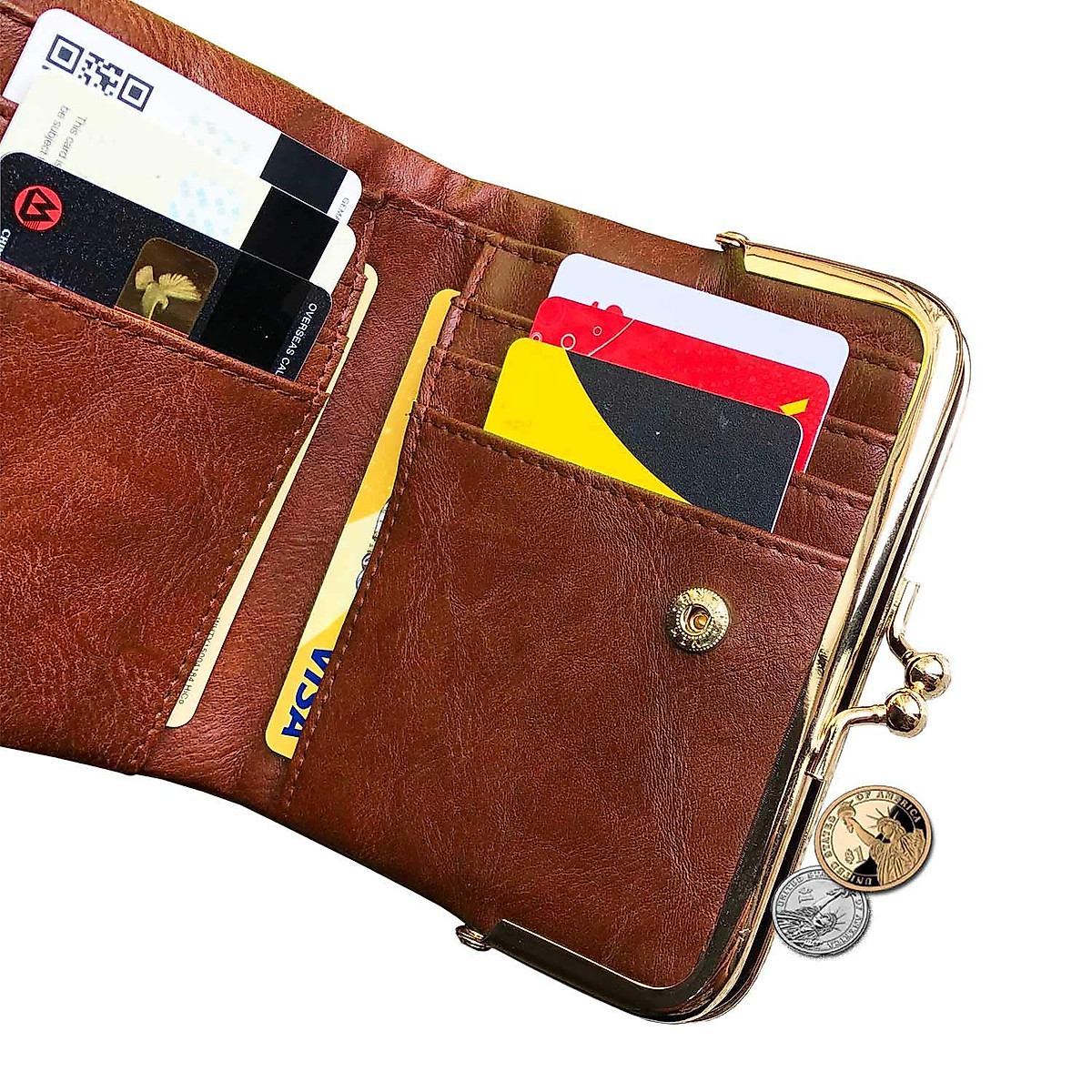 TOPKULL Womens Wallet Small Bifold Rfid Ladies Mini Vintage Coin Purse With Zipper and Kiss Lock (Brown)