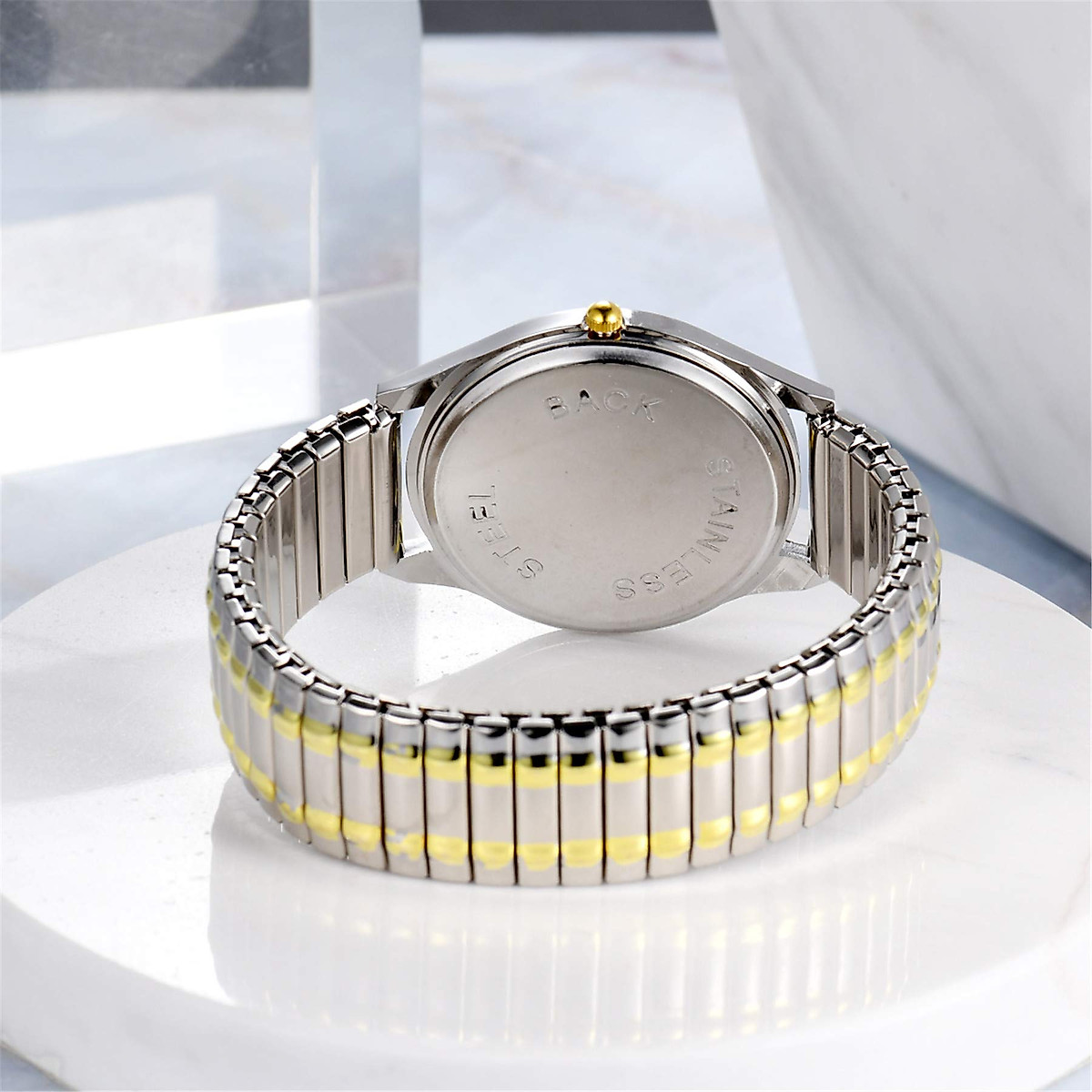 JewelryWe Mens Ultra Thin Easy Reader Watch with Elastic Strap Golden-Silver Watch