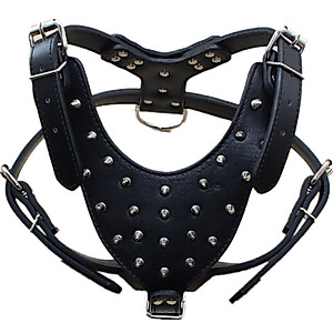 Haoyueer Leather Sharp Spiked Studded Dog Collars, Harnesses & Leashes 3Pcs Matching Set for Medium & Large Dog Pit Bull,Mastiff, Boxer, Bull Terrier