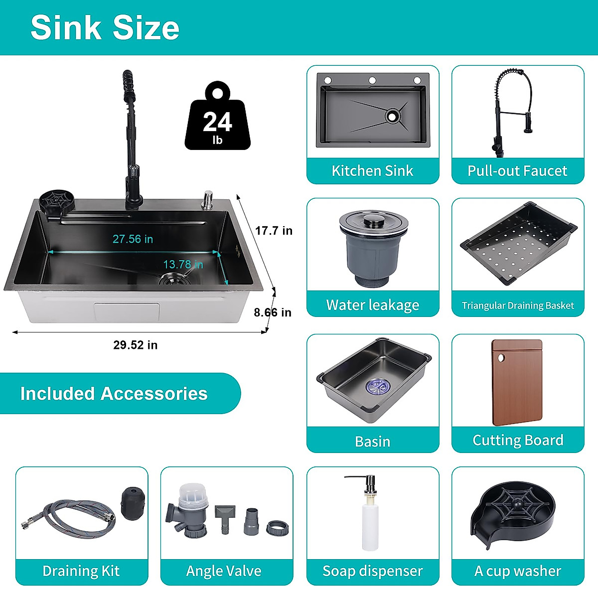 29.5 * 17.7 inch Kitchen Sink, Single Bowl Stainless Steel Sink Multifunctional Drop In Sink with Pull-Down Faucet and Multiple Accessories (black grey, 29.5 * 17.7 inch)