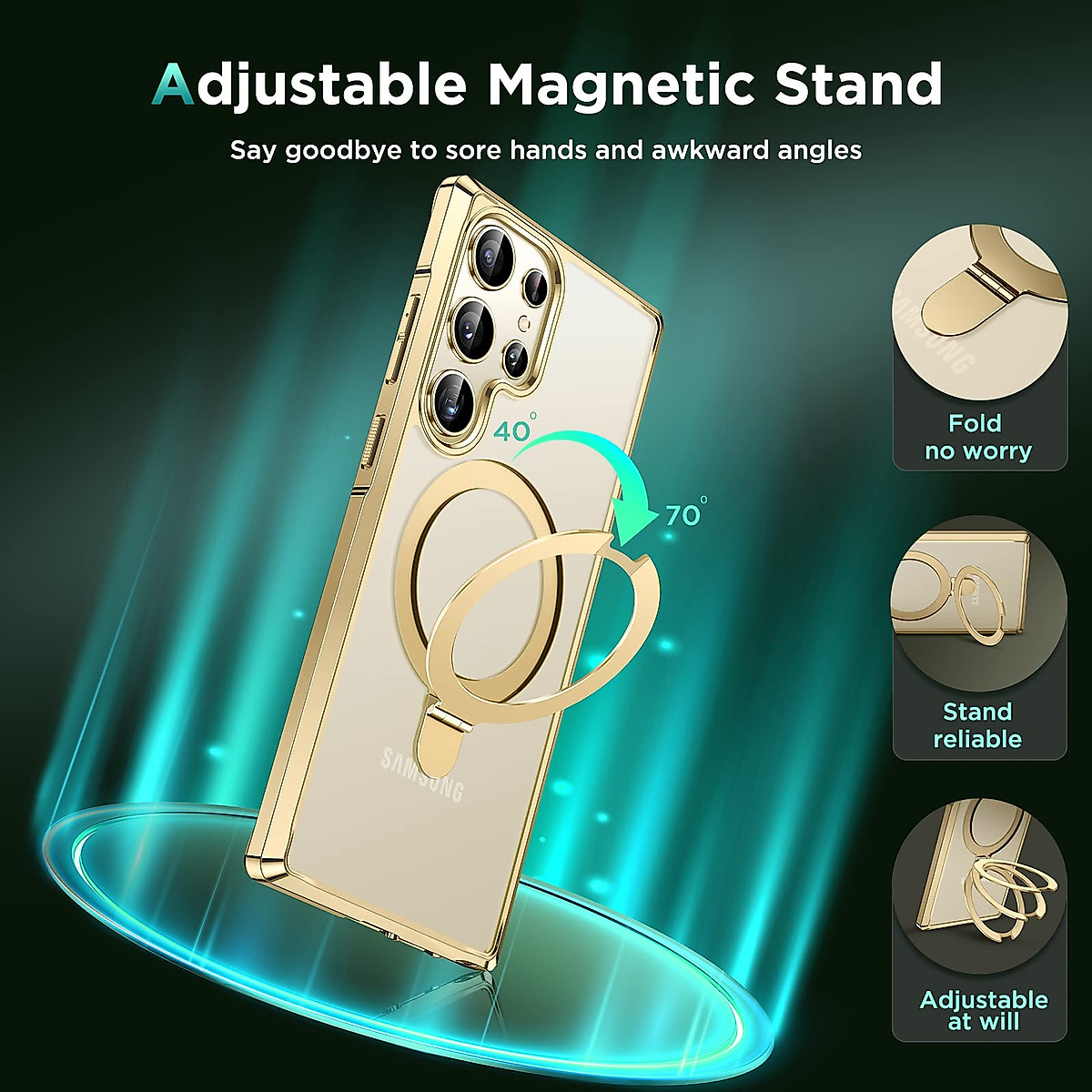 Juntone for Samsung Galaxy S23 Ultra Case with Magnetic Stand,[Compatible with Magsafe][Non-Yellowing], Slim Protective Matte Back and Green Edge Phone Case for Galaxy S23 Ultra Case 6.8 Inch-Gold