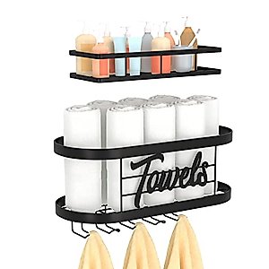 Towel Rack for Bathroom, Towel Holder with 5 Towel Hooks Wall Mounted, Bathroom Towel Storage Holder with Shelf for Large Towels, Washcloths, Hand Towels, Shower Towel, Bathroom Decor, Metal, 2 Pack