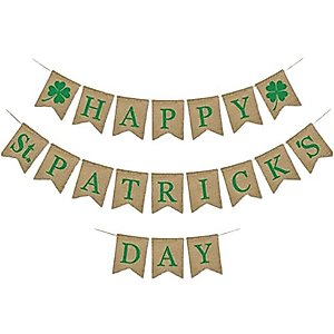Amosfun Happy St. Patricks Day Burlap Banner St Patricks Day Bunting Garland Banner St. Patricks Day Party Favors Pull Flags Party Decorations 1PCS