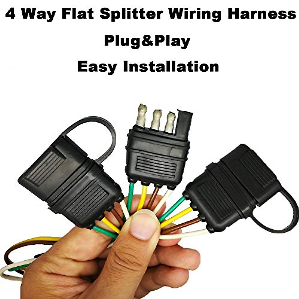 NEWSUN® Universal 4-Way Flat Y-Splitter Plug for Tailgate Light Bars & Trailer Lights,Plug & Play Adapter Extension Harness Wiring Plug 4 Pin Connectors, with Waterproof Cap