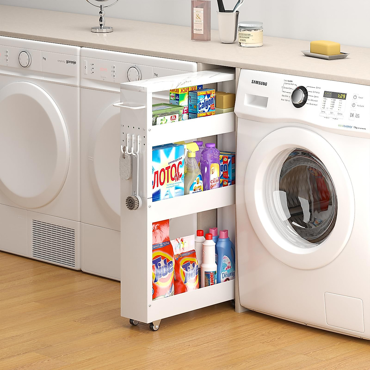 XYZLVSI Slim Storage Cart, 5 in Width, 4-Tier White Rolling Cart with Handle & Wooden Top for Kitchen Bathroom Laundry Narrow Places