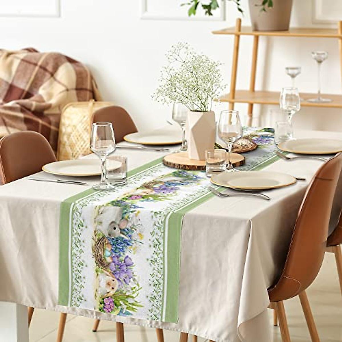 Easter Table Runner Spring Easter Eggs Bunny Runner for Table Decor Burlap Green Farmhouse Easter Decorations 72 Inches Long
