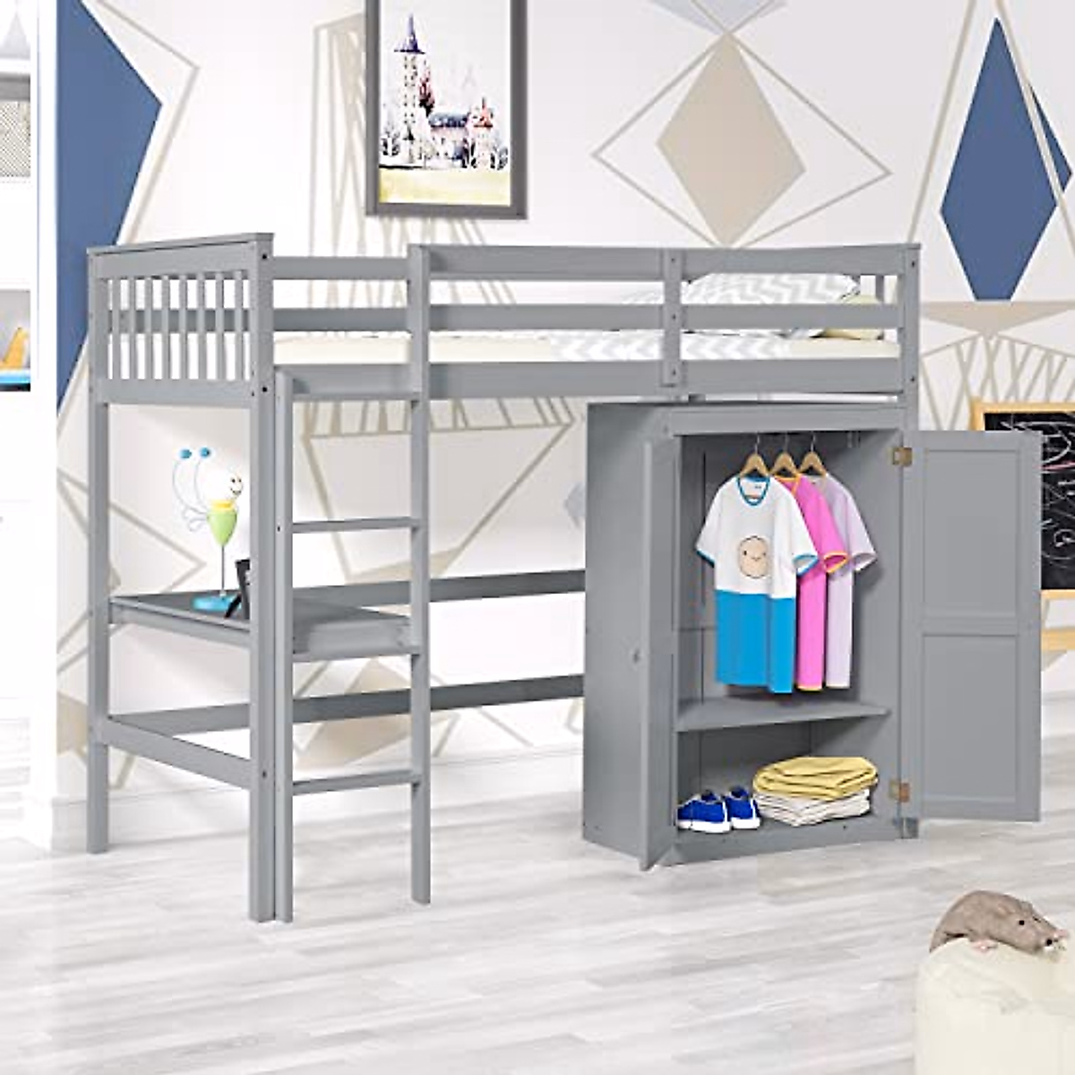 BIADNBZ Wooden Loft Bed with Desk and Wardrobe, Twin Size Loftbed Frame with Storage Closet&Bulid-in Ladder, for Kids Teens Bedroom, Gray