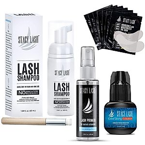 Extra Strong Evolution Eyelash Extension Glue 5ml + Primer 40 ml + 100 Pack Eye Pads + Shampoo 50 ml/Black Adhesive/ 1-2 sec Drying time/ 8 Weeks Retention/lint Free/Aloe Extract