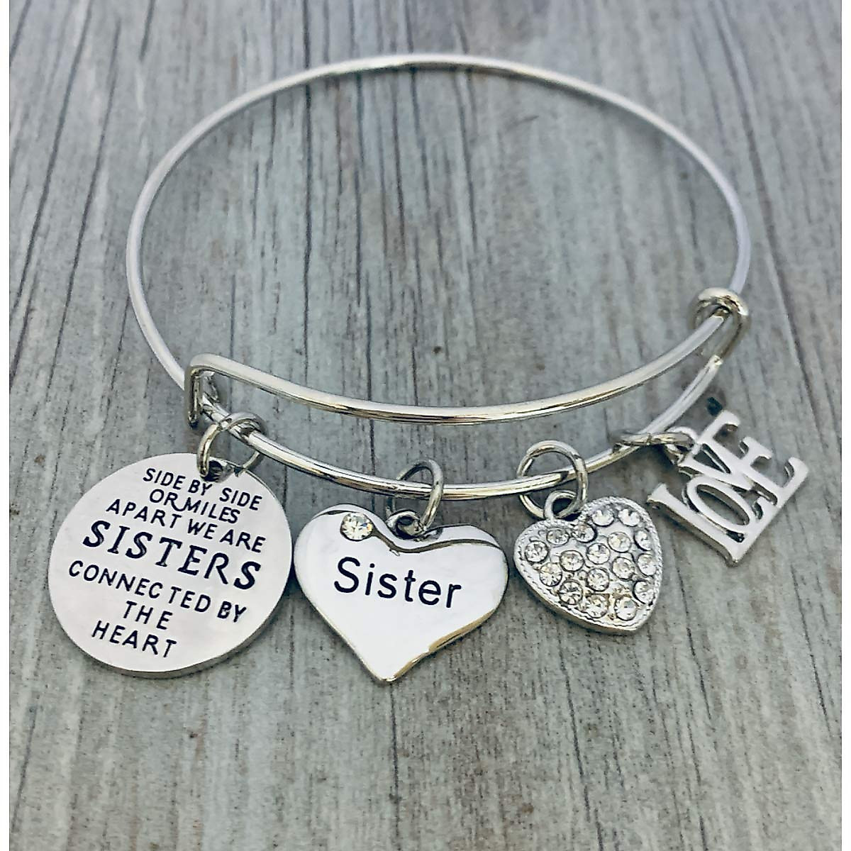 Infinity Collection Sister Charm Bangle Bracelet for Women- Side By Side or Miles Apart, We are Sisters Connected By the Heart Jewelry, Gift for Sisters
