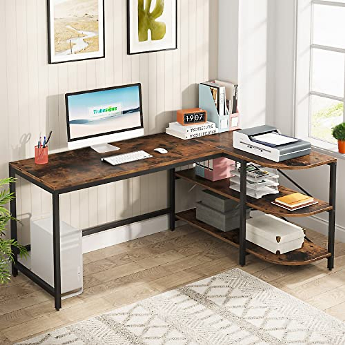 Tribesigns 59 inches L-Shaped Computer Desk, Industrial Writing Desk with Storage, Large Computer Desk with Shelves, Corner Computer Desk for Home Office, Individual Workstation for Study and Work