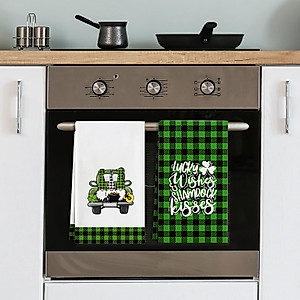 AnyDesign St. Patrick's Day Kitchen Dish Towels Green Black Buffalo Plaids Lucky Shamrock Gnome Truck Cloth Tea Towel 18 x 28 Irish Seasonal Decorative Dishcloth Hand Towel for Cooking Baking, 2Pcs