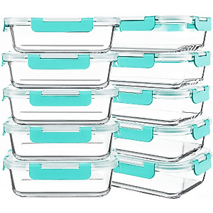 KOMUEE 10 Packs 30 oz Glass Meal Prep Containers,Glass Food Storage Containers with Lids,Airtight Glass Lunch Bento Boxes, Microwave, Oven, Freezer and Dishwasher,Green