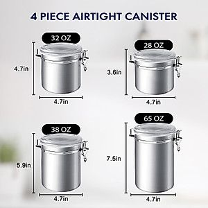 ENLOY 4-Piece Stainless Steel Airtight Food Storage Canister Set with Clear Lid, Canister Sets for Kitchen Counter for Sugar, Flour, Tea, Candy, Cookie, Spice, 28/32/38/65 oz