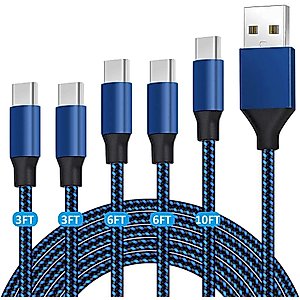 USB C Cable 5Pack (3/3/6/6/10 FT) USB-C to USB-A Fast Type C Charger Compatible with Samsung Galaxy A10e A20 A50 A51 A71, S20 S10 S9 S8 Plus S10E, Note 20 10 9 8, Moto G7 G8