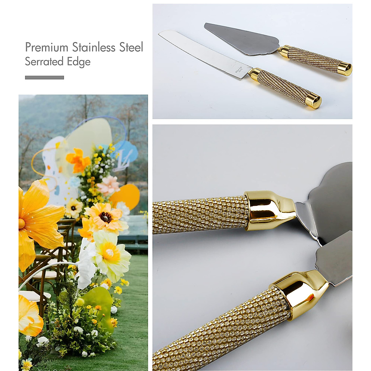 VARLKA Wedding Champagne Flutes and Cake knife Server Set Mr and Mrs Champagne Glasses Cake Cutting set for Wedding 7Oz Crystal Bride and Groom Toasting Flutes Engagement Gift Wedding Gift