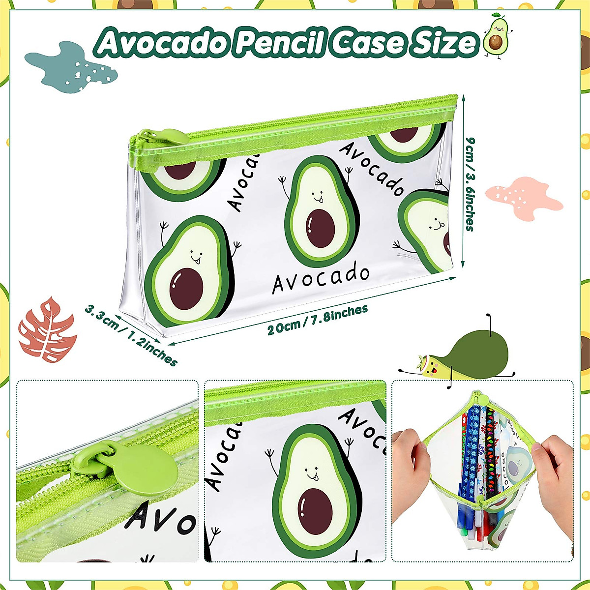 4 Pieces Avocado Pencil Case Cute Waterproof Transparent Pencil Bag Avocado Pen Marker Holder Pouch Box Zipper Pen Case Makeup Bags Stationery Organizers for Students Boys Girls Women Over 6 Years